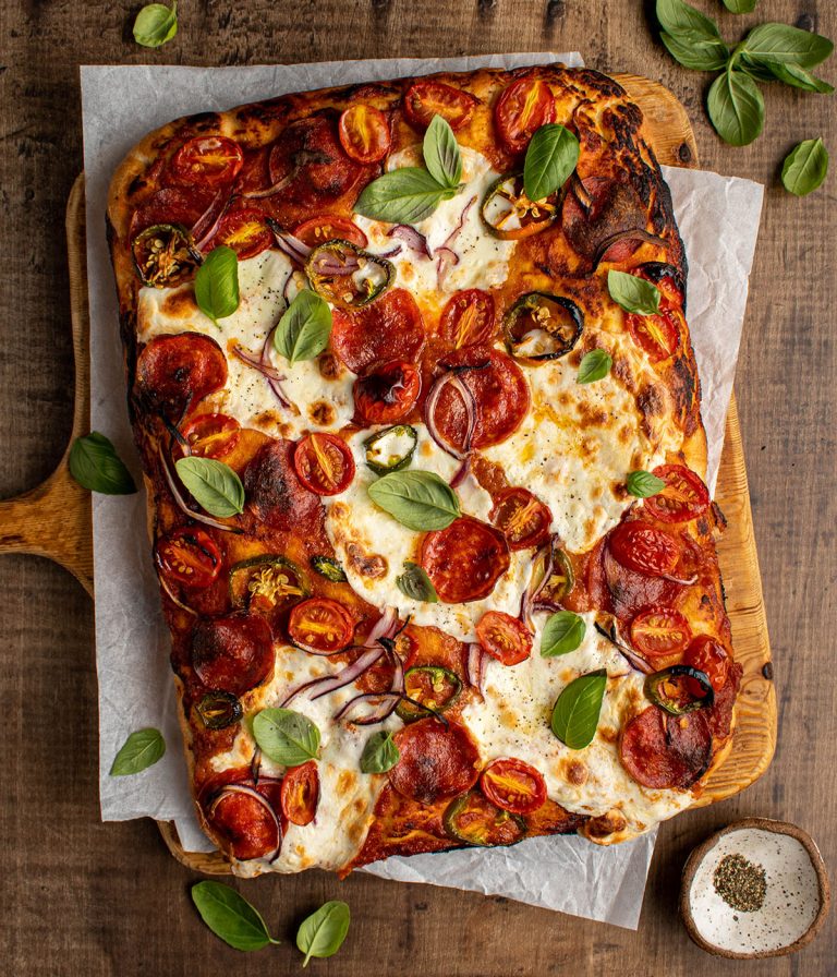 Spicy Pepperoni Pizza with Roasted Pepper Sauce - Cherry on My Sundae