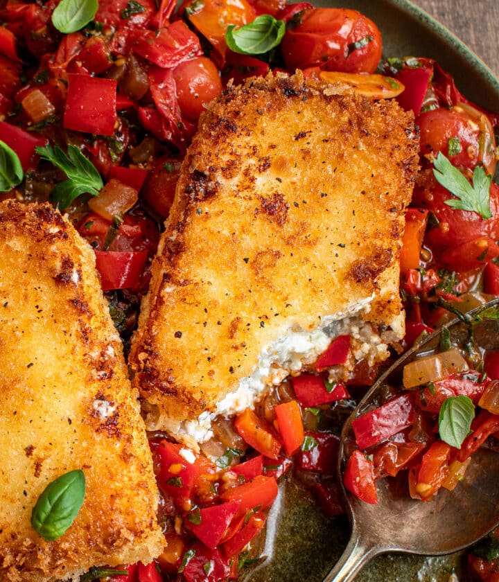 Crispy Fried Feta with Blistered Tomato Relish - Cherry on My Sundae