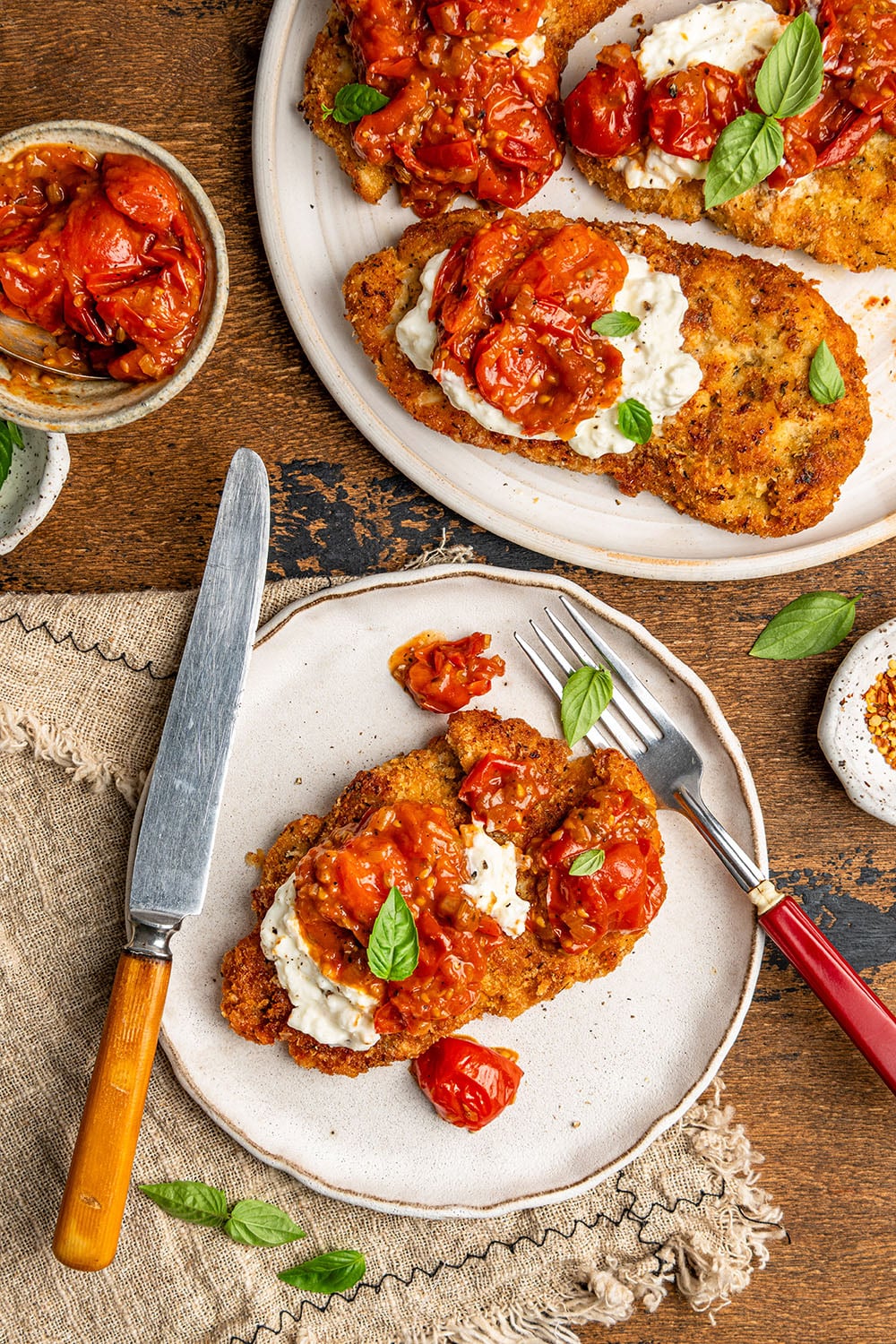 Crispy Chicken with Bursting Tomatoes and Burrata - Cherry on My Sundae