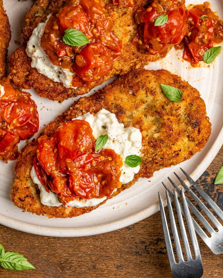 Crispy Chicken with Bursting Tomatoes and Burrata - Cherry on My Sundae