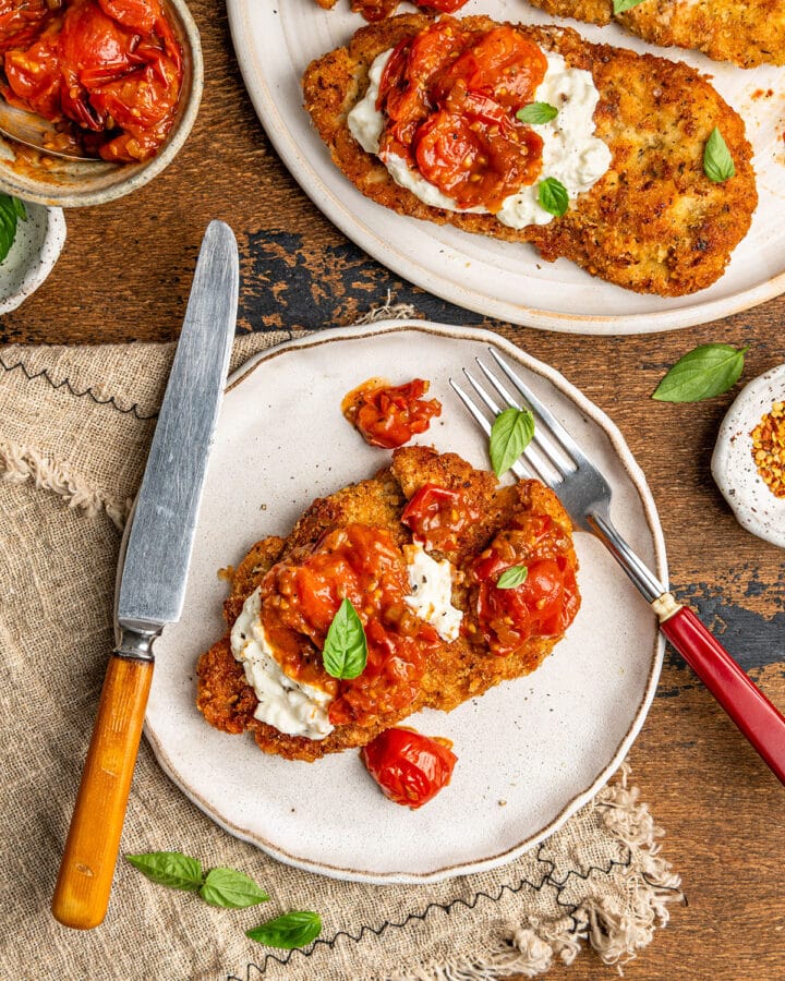 Crispy Chicken with Bursting Tomatoes and Burrata - Cherry on My Sundae