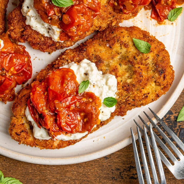 Crispy Chicken with Bursting Tomatoes and Burrata - Cherry on My Sundae
